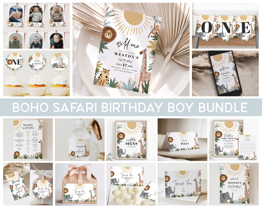 Boho Safari Birthday Invitation Bundle, Boho Jungle Animal Party ...