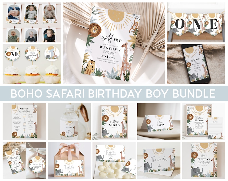 Boho Safari Birthday Invitation Bundle, Boho Jungle Animal Party ...