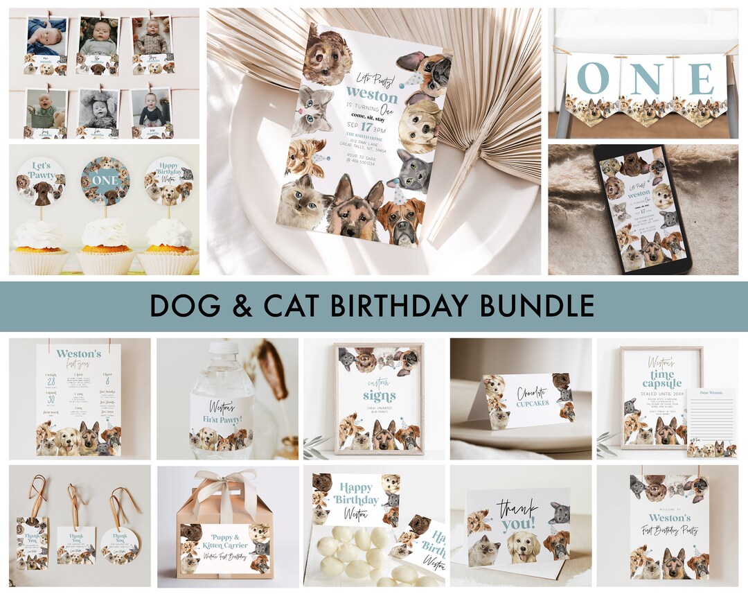 Dog and Cat Birthday Invitation Bundle, Puppy & Kitten Pawty Birthday ...