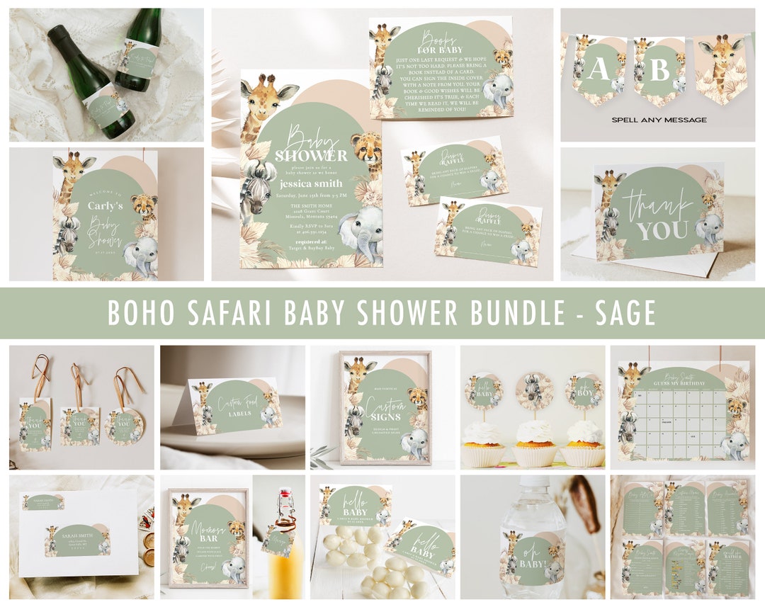 Boho Safari Baby Shower Printables Bundle, Sage Safari Baby Shower ...