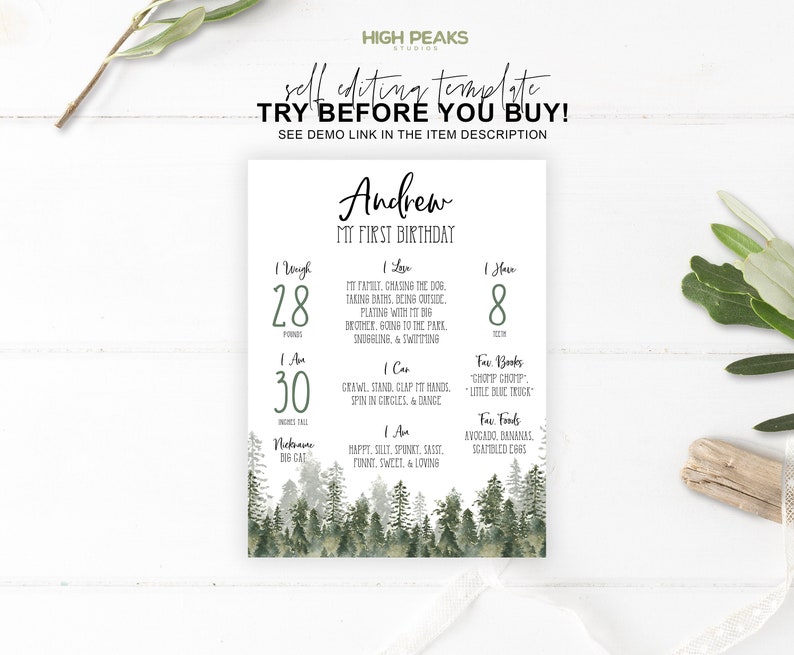 Birthday Milestone Poster Template Editable Pine Tree | Etsy