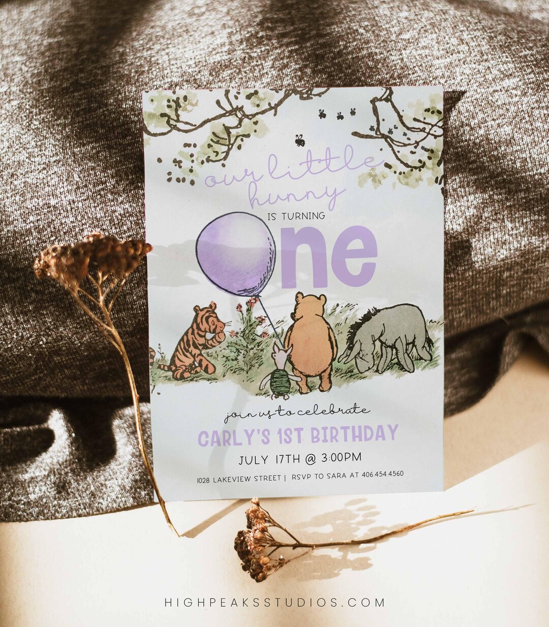 Violet Winnie the Pooh Birthday Invitation Girl, Classic Winnie the ...