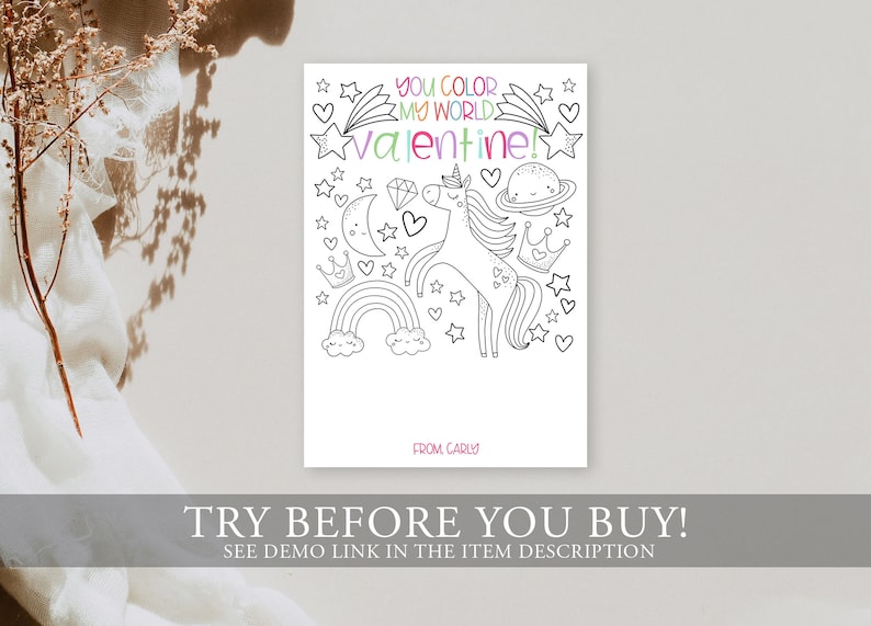 Unicorn Coloring Page Valentine Crayon Coloring Card - Etsy