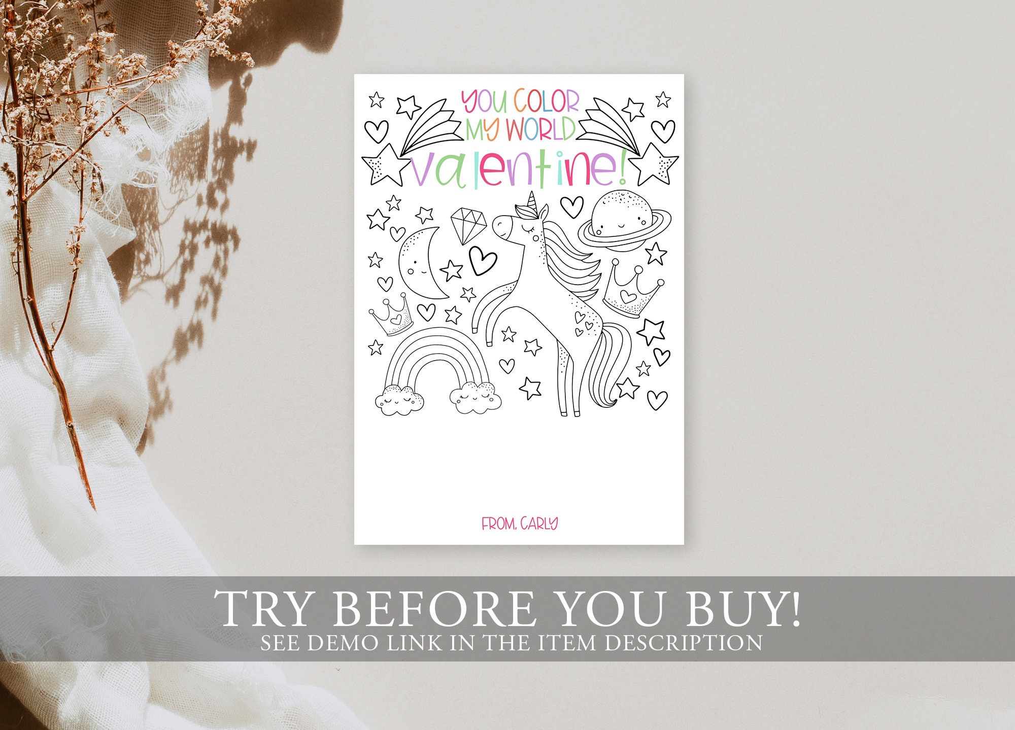 Unicorn Coloring Page Valentine, Crayon Coloring Card Valentine, You ...