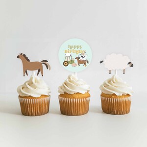Modern Farm Birthday Cupcake Toppers, Editable Circle and Farm Animal ...