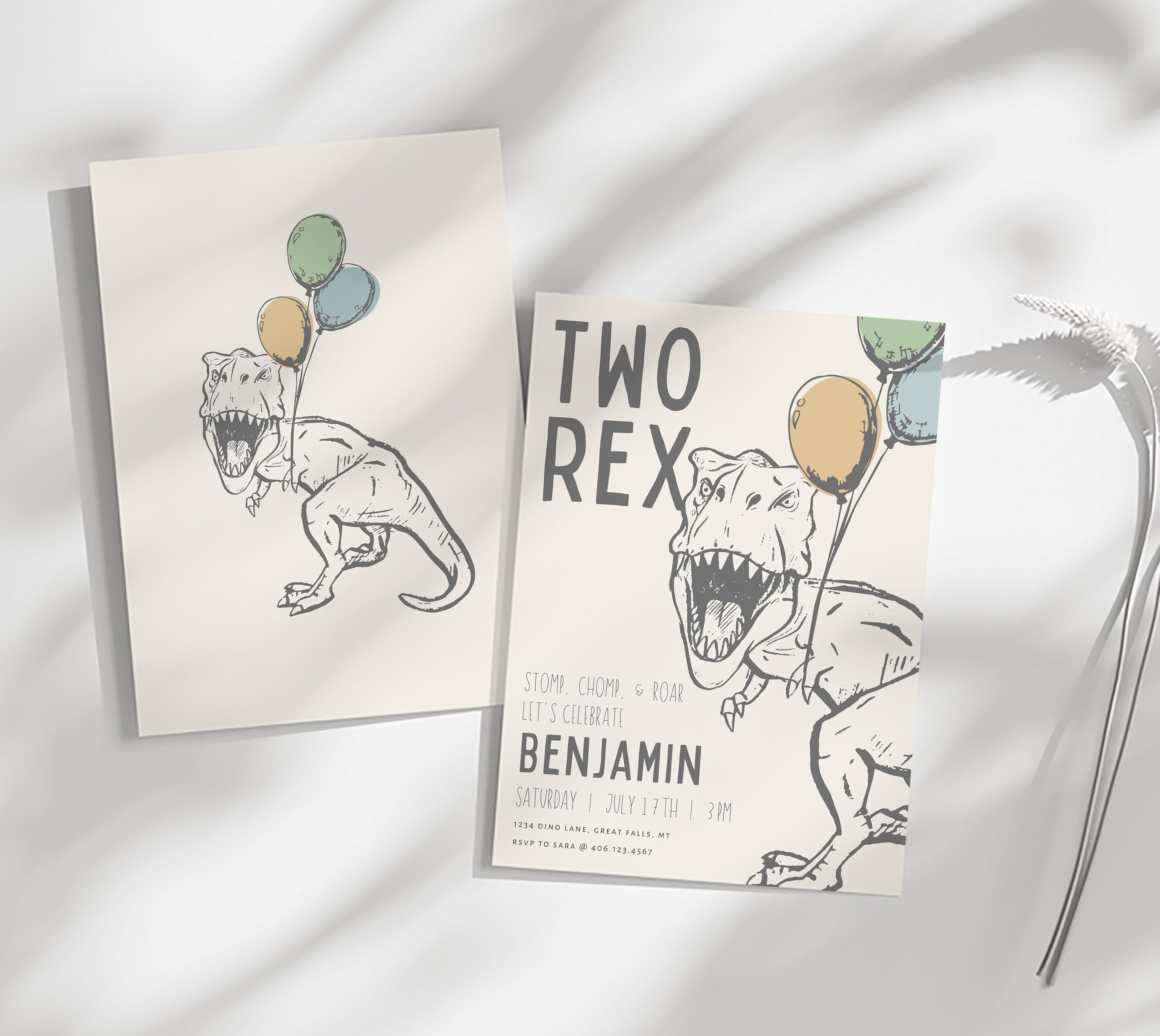 TWO Rex Birthday Invitation Printable Template Tyrannosaurus - Etsy