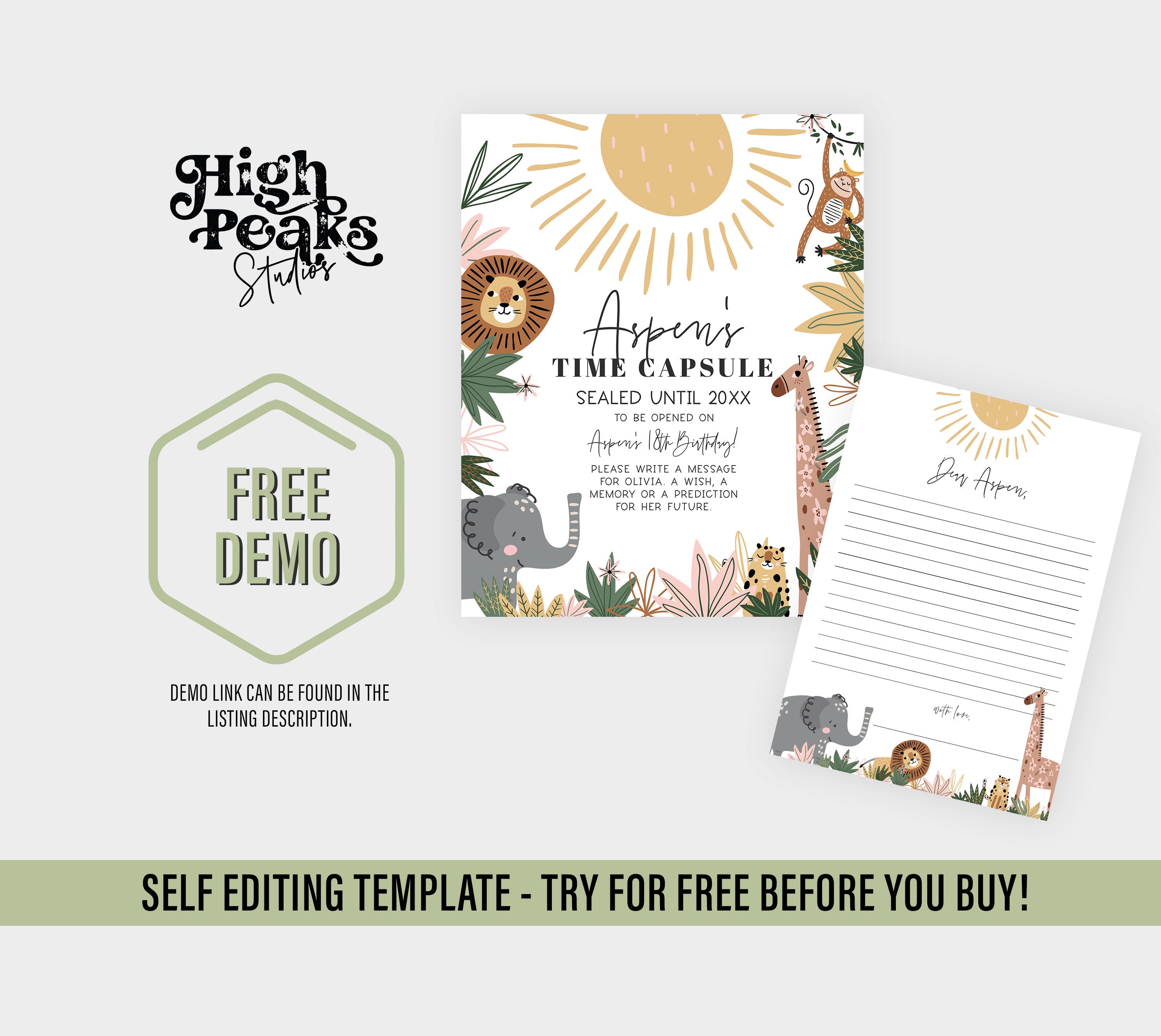 Boho Safari Time Capsule Printable Template, EDITABLE Jungle First ...