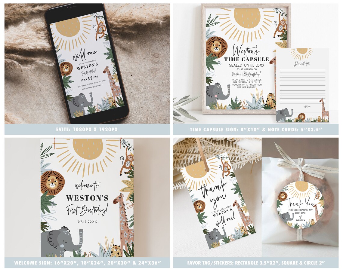 Boho Safari Birthday Invitation Bundle Boho Jungle Animal - Etsy