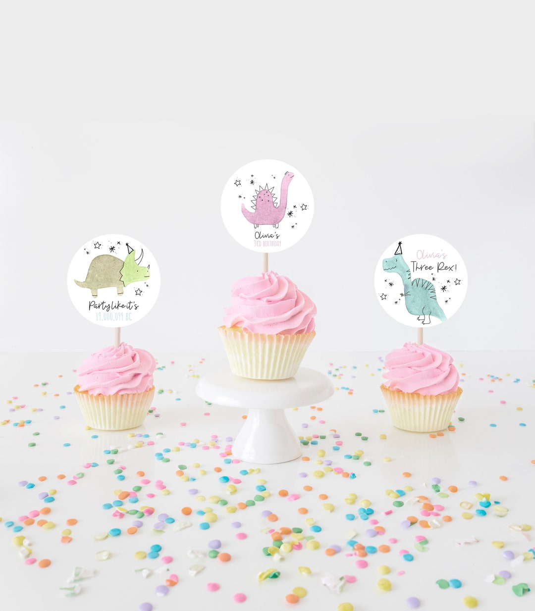 Cute Dino Cupcake Toppers, Three Rex Birthday Girl Cake Topper ...