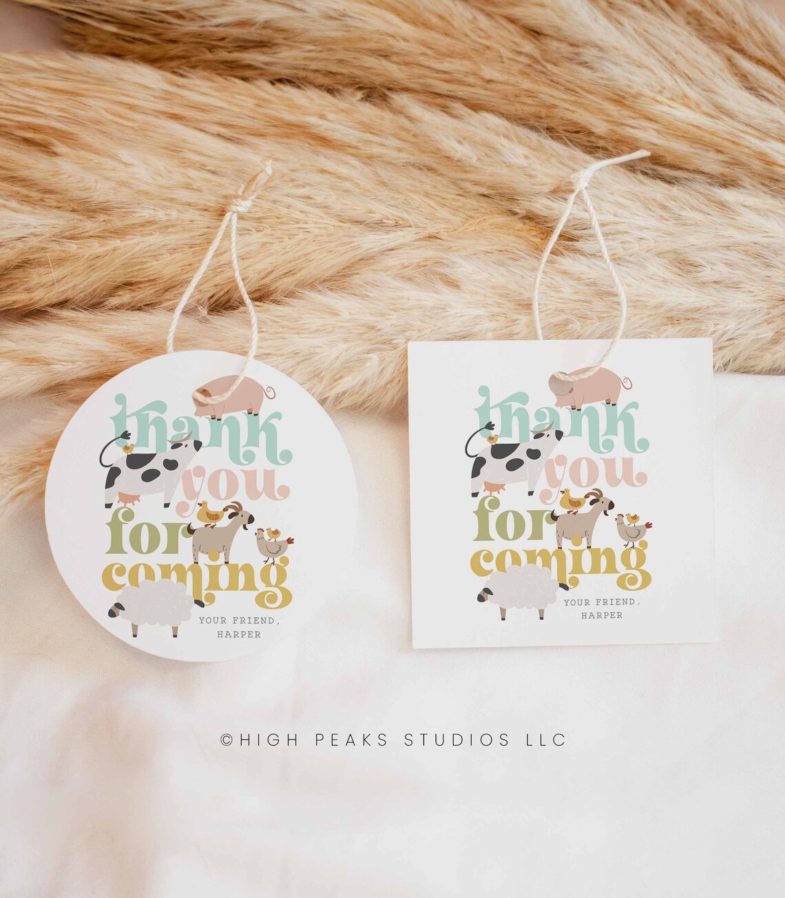 Modern Farm Birthday Favor Tags, Editable Circle and Square Farm Animal ...
