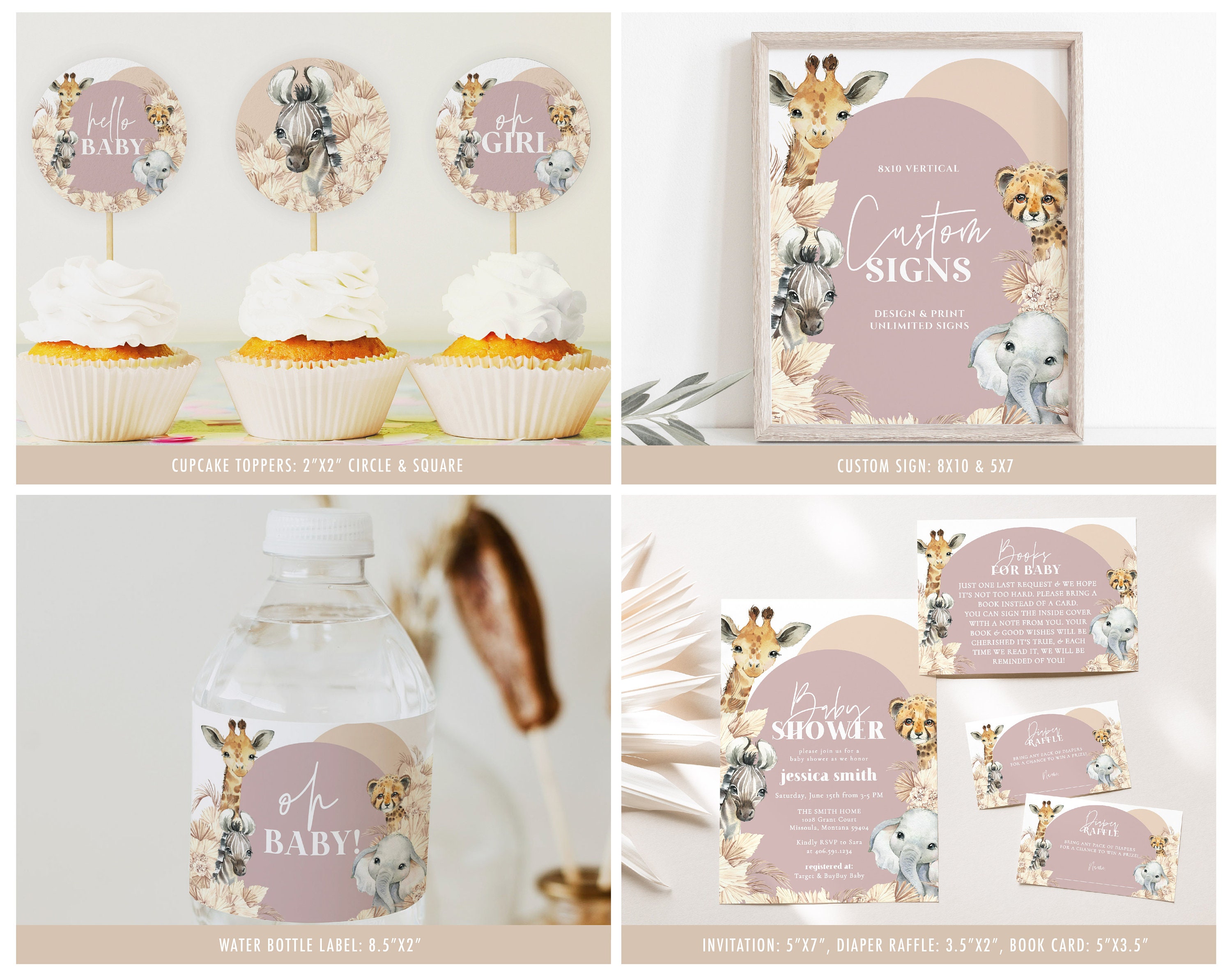 Boho Safari Baby Shower Printables Bundle, Mauve Safari Baby Shower ...