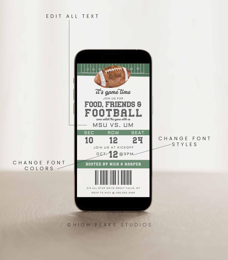 Football Watch Party Ticket Digital Invitation: Game Time Text Invite ...