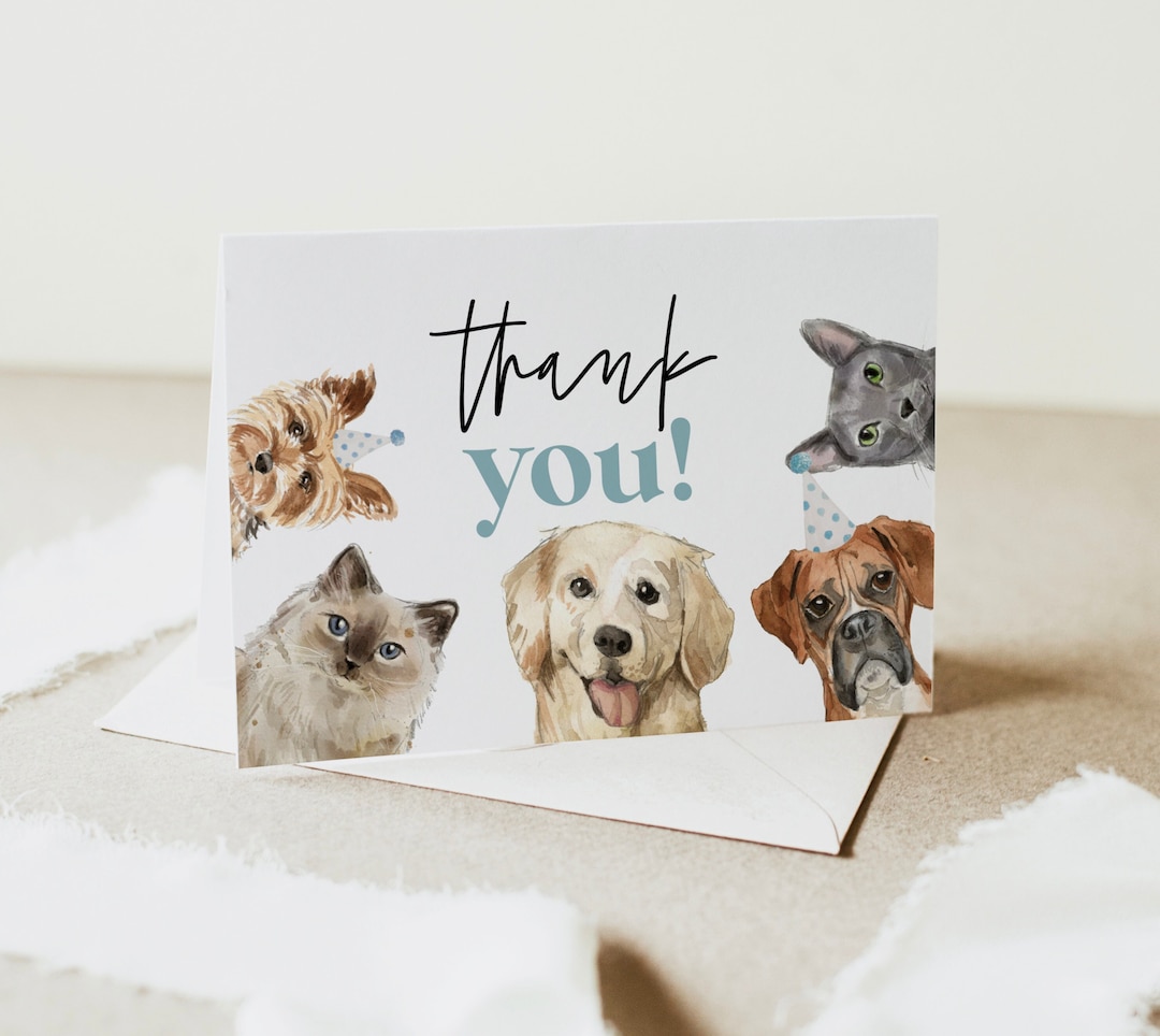 Folded Thank You Card Printable,dog and Cat Birthday Thank You Card ...