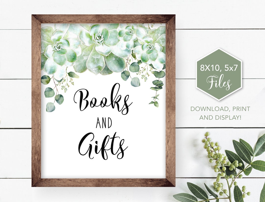 Books and Gifts Succulent Sign, Instant Download, Baby Shower Printable ...
