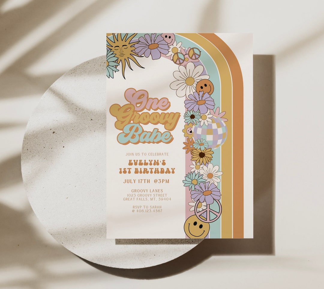 One Groovy Babe Birthday Invitation Printable Template, First Birthday ...