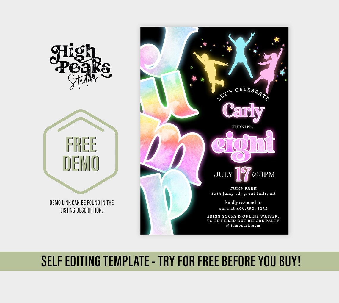 Glow Jump Birthday Party Invitation, Tie Dye Jump Birthday Party,neon ...
