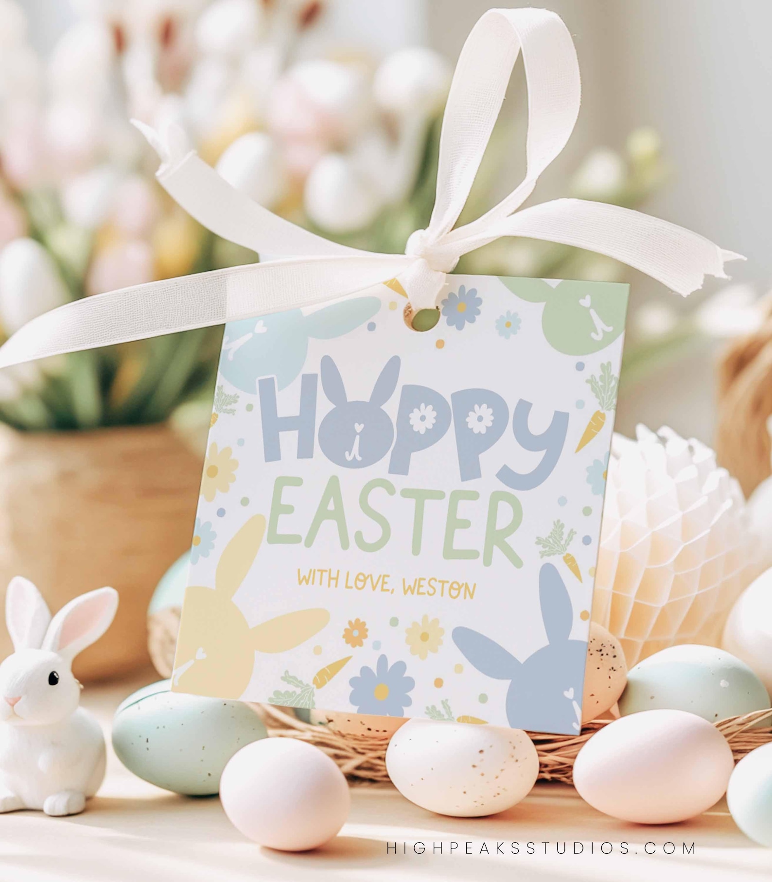 Editable Happy Easter Tag Template, Easter Bunny Cookie, Blue Pastel ...