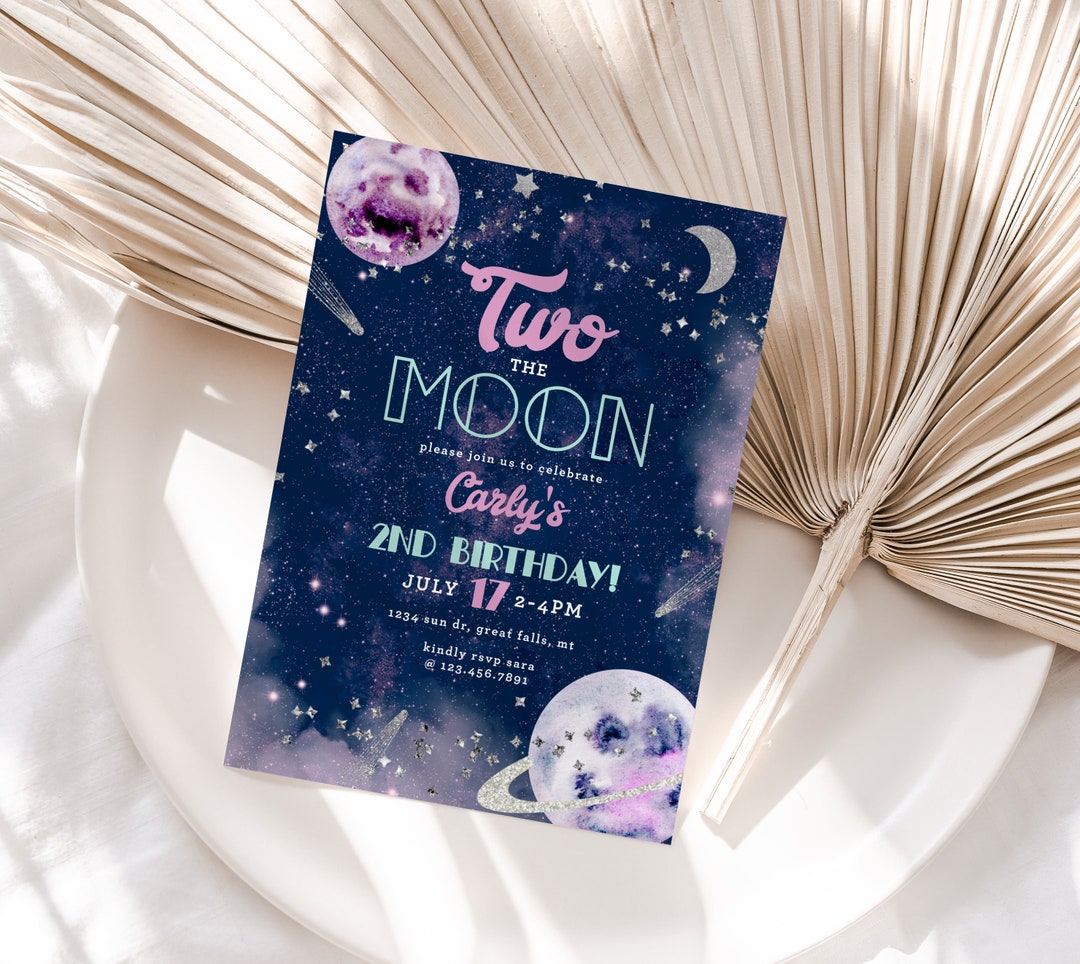 Two the Moon Invitation, Girl Space Birthday Invite,pink Planets ...