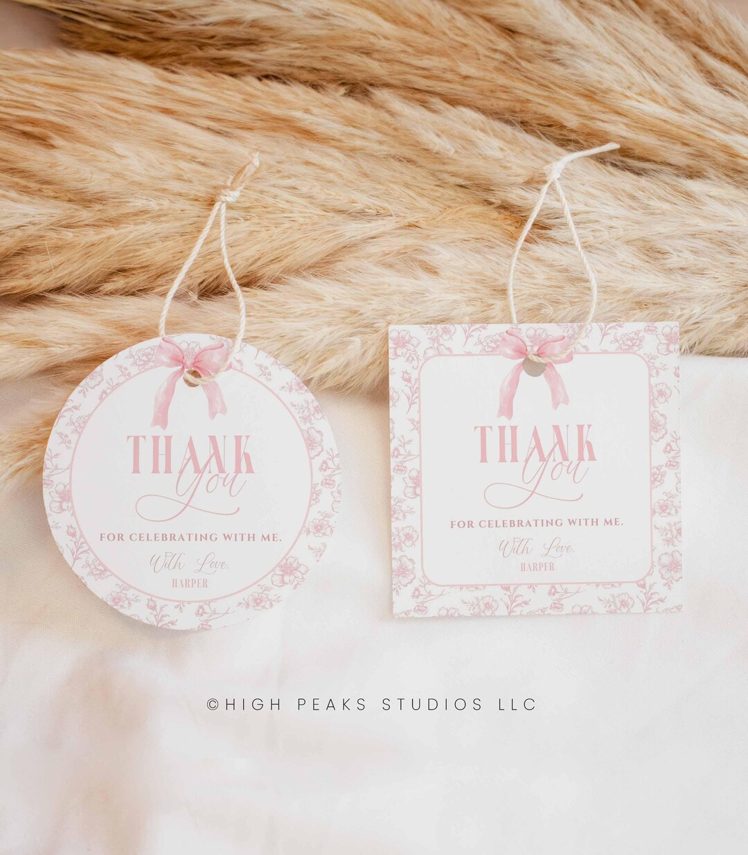 Pink Thank You Favor Tag or Sticker, Vintage Pink Bow Floral Toile ...