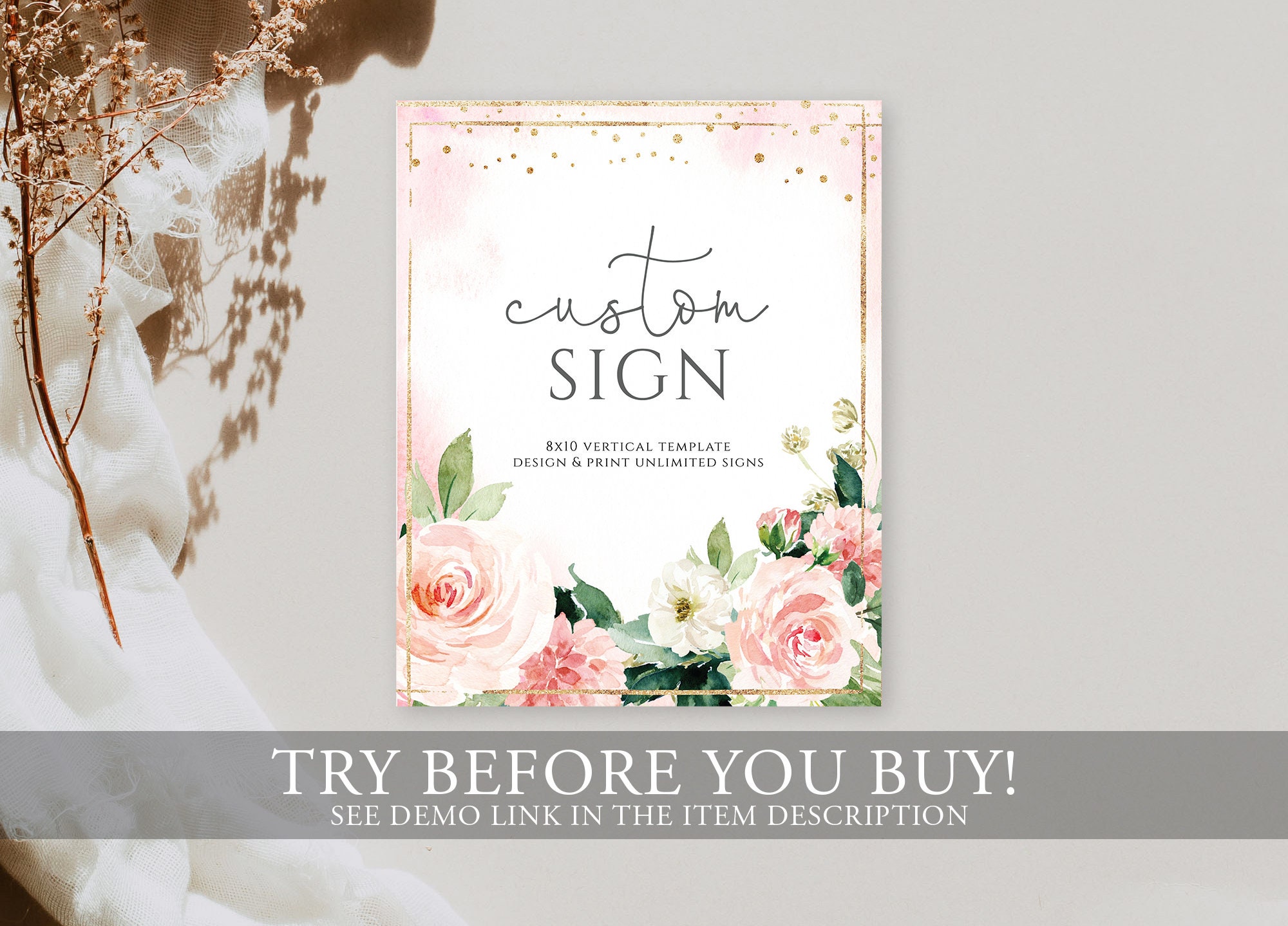 8x10 Custom Sign Editable Pink Floral and Gold Sign Pink - Etsy