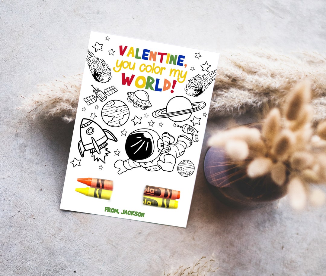 Space Coloring Page Valentine, Crayon Coloring Card Valentine ...