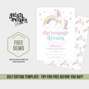 Editable Third Birthday Invitation Girl Unicorn Threenage Dream,unicorn ...