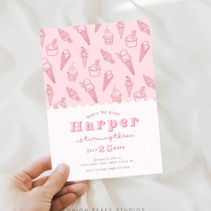 Retro Ice Cream Parlor Birthday Invitation Printable, Pink and Red ...