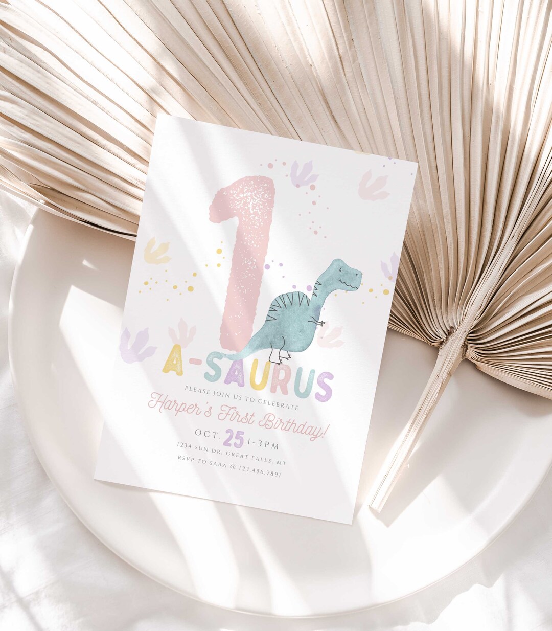 One-a-saurus Dinosaur Birthday Invitation Girl, Cute Dino First ...