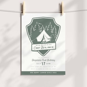 Editable Camping Birthday Invitation, Vintage Camp Theme for Summer ...