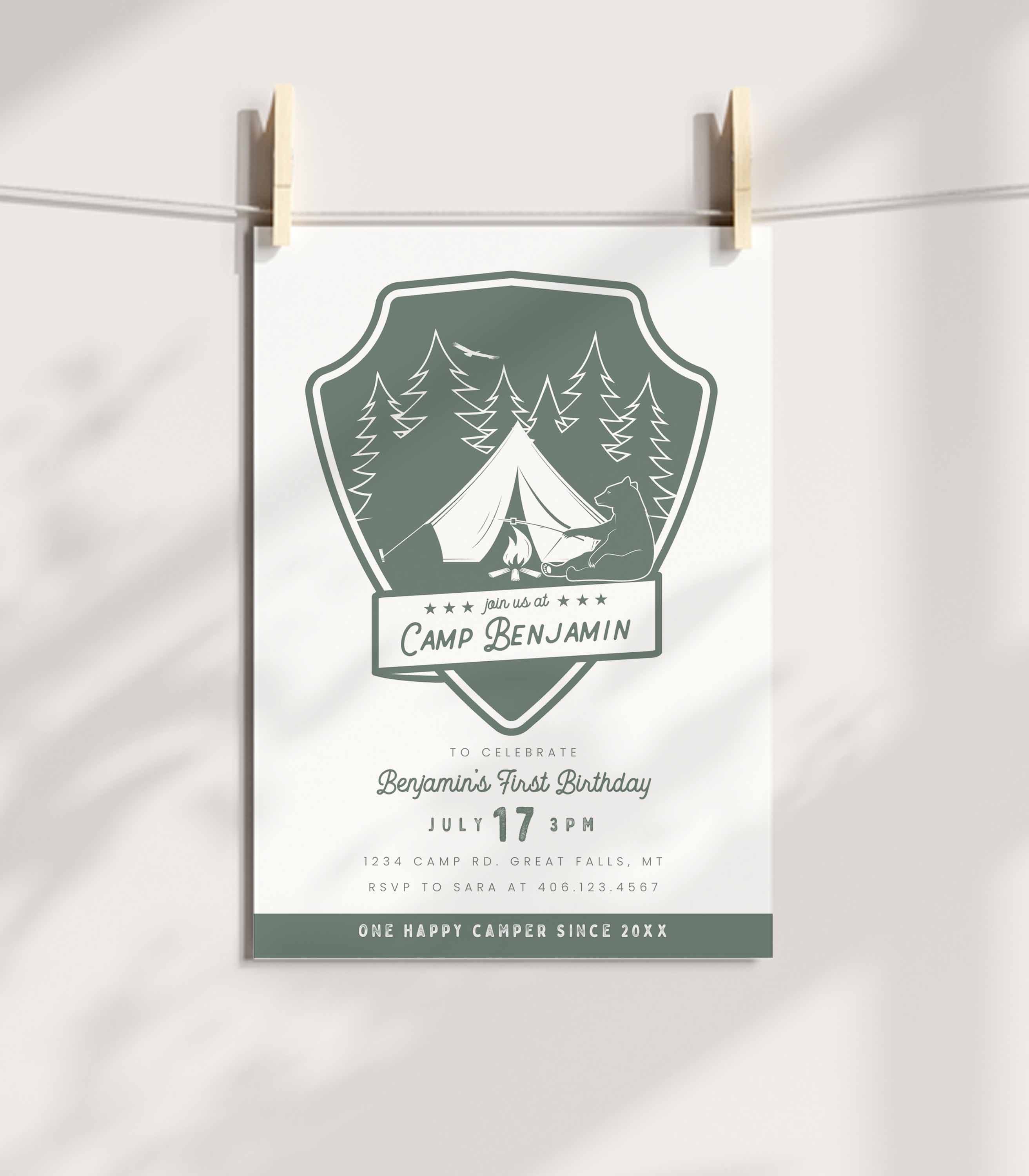 Editable Camping Birthday Invitation, Vintage Camp Theme for Summer ...