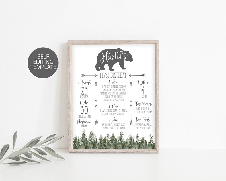 Woodland Milestone Poster Template, Editable Pine Tree Birthday Stat ...