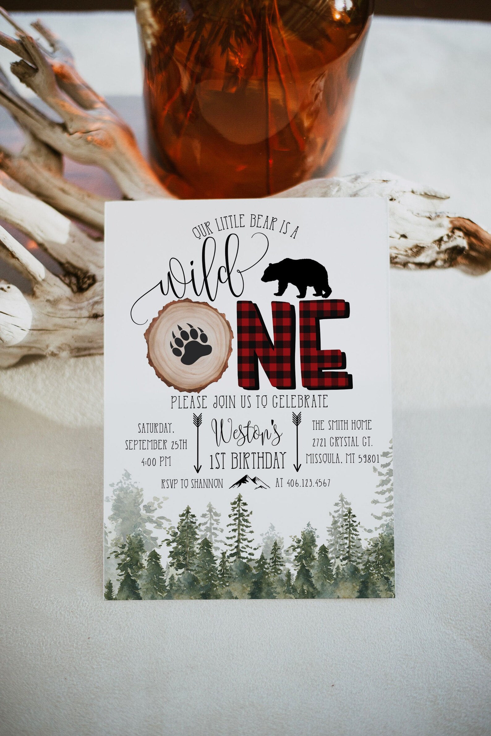 Lumberjack First Birthday Invitation: Buffalo Plaid Bear (instant ...