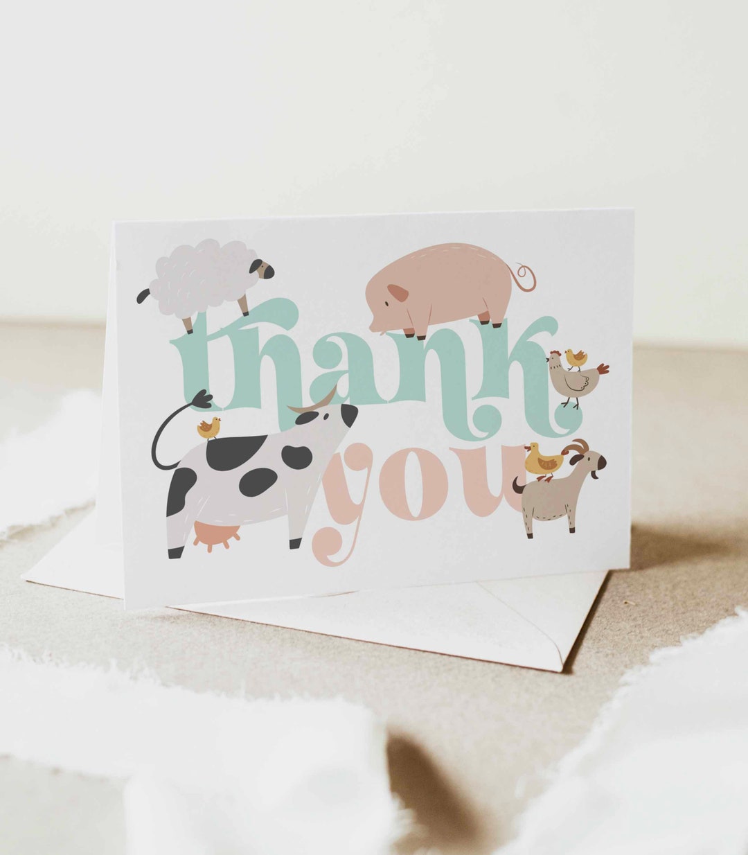Modern Farm Thank You Card Printable, Farm Animal Folded Birthday Party ...