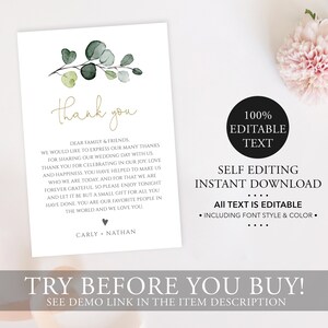 Eucalyptus Thank You Card Template, Printable Wedding Thank You, Napkin ...