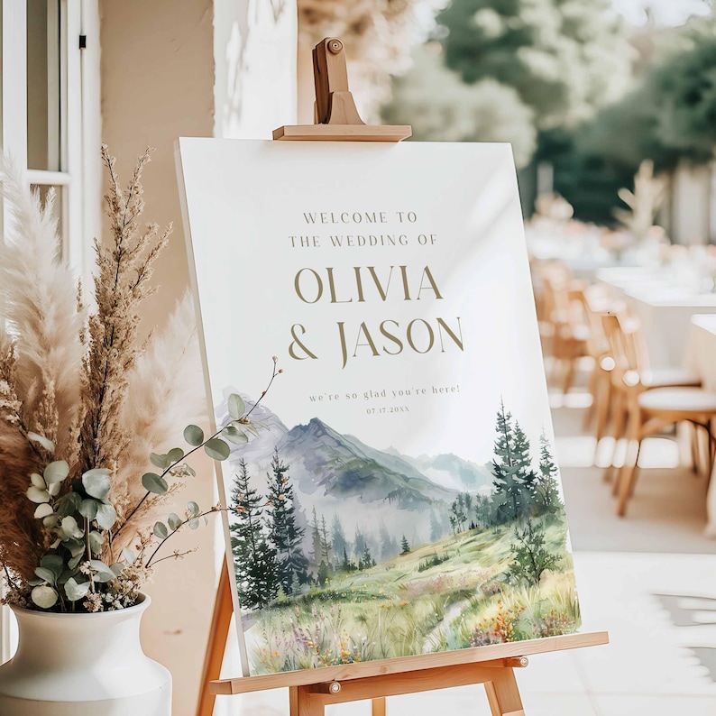Mountain Wedding Welcome Sign, Watercolor Elegant Mountain and Pine ...