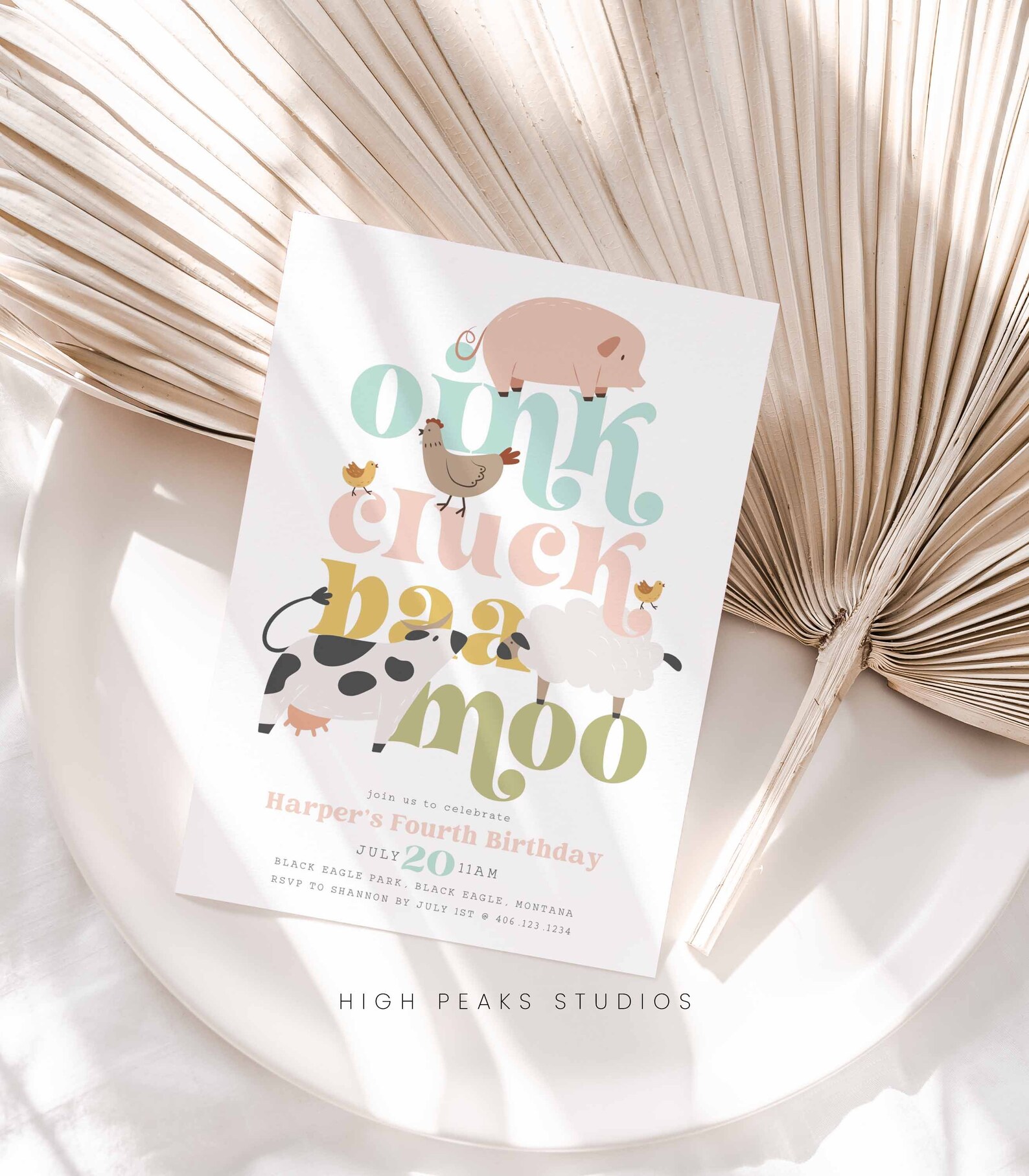 Modern Farm Animal Birthday Invitation Girl, Farm Birthday Theme, Any ...