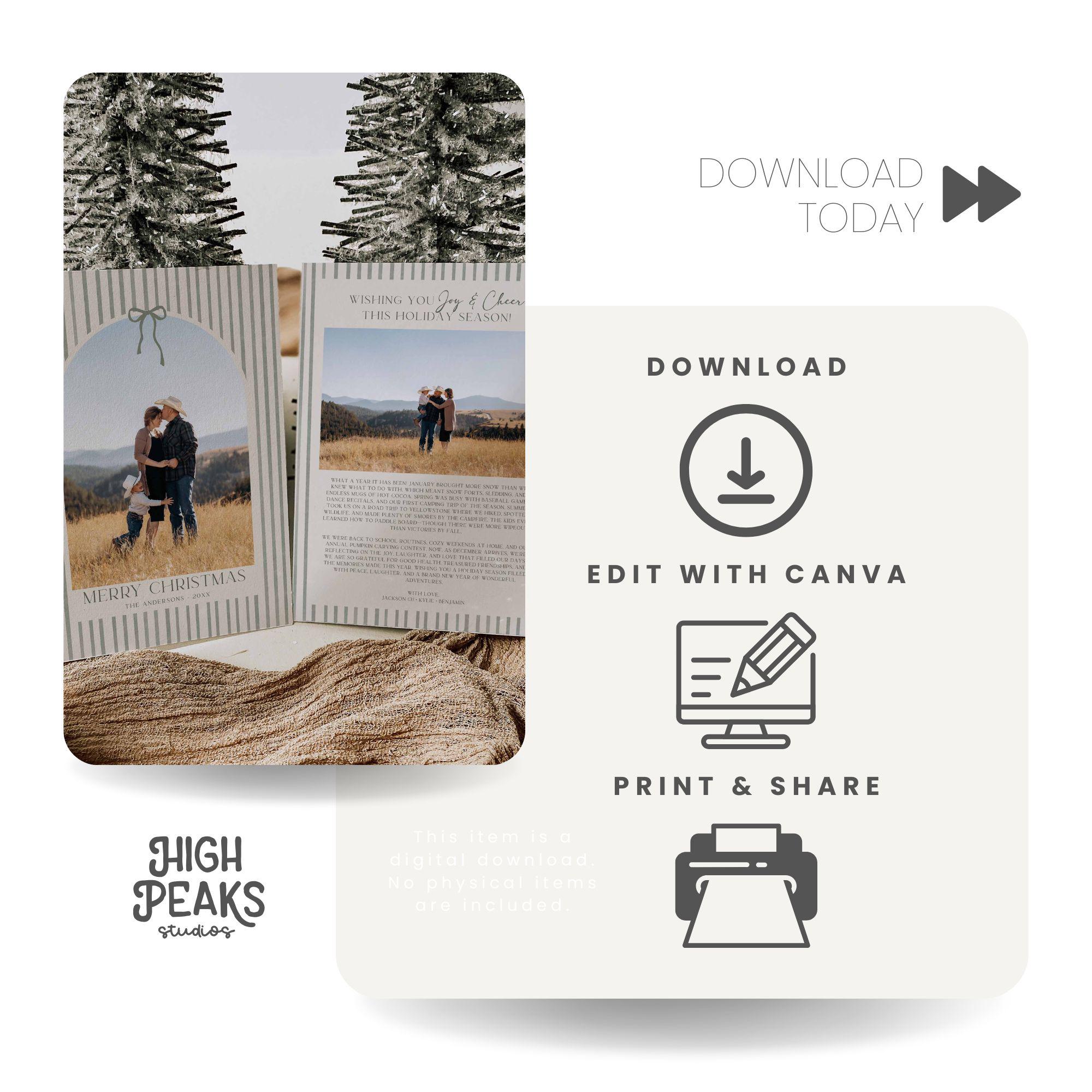 Editable Vintage Striped Christmas Card Template, Editable Holiday ...