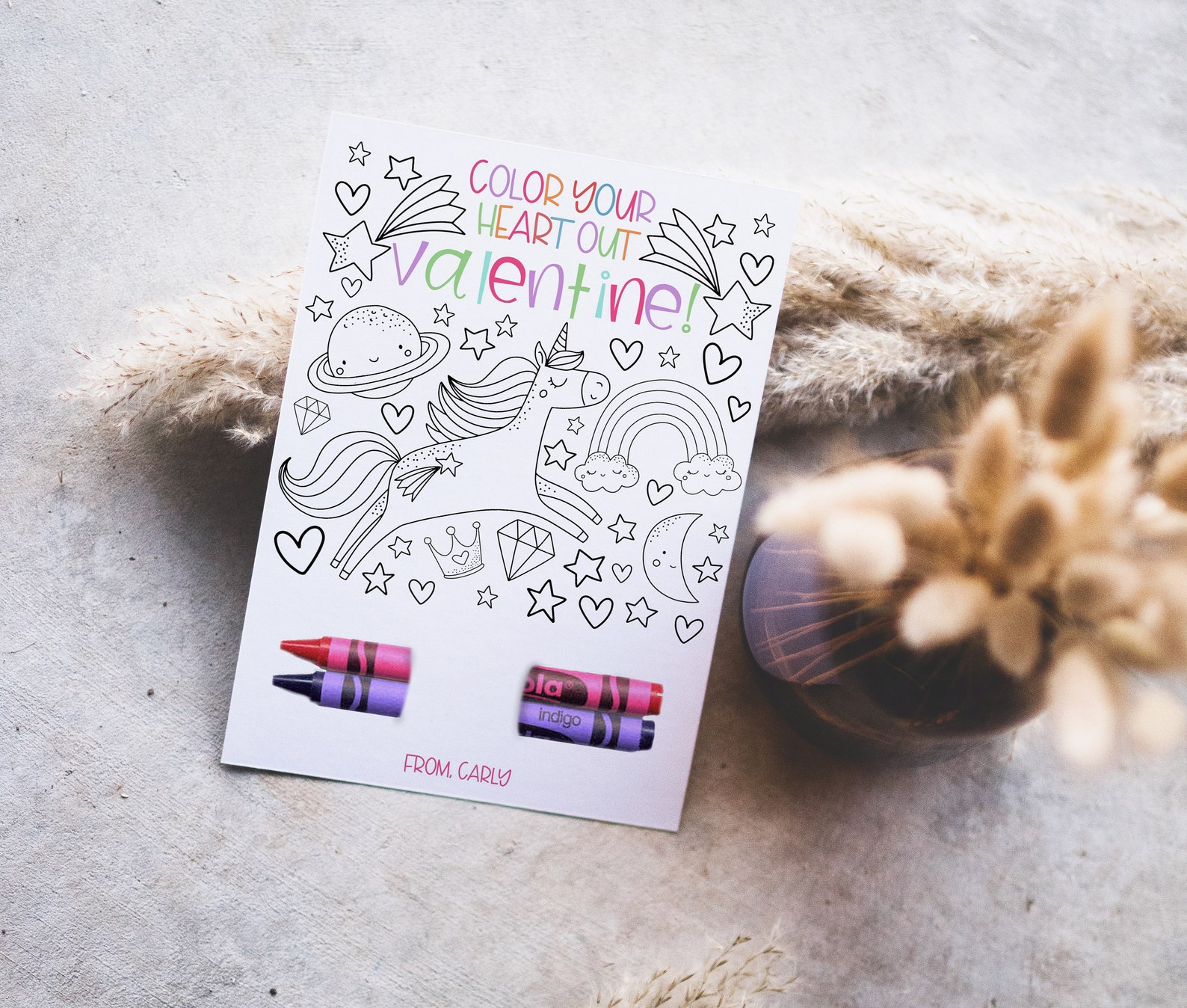 Unicorn Coloring Page Valentine, Crayon Coloring Card Valentine, Color ...