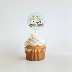 Modern Farm Birthday Cupcake Toppers, Editable Circle and Farm Animal ...