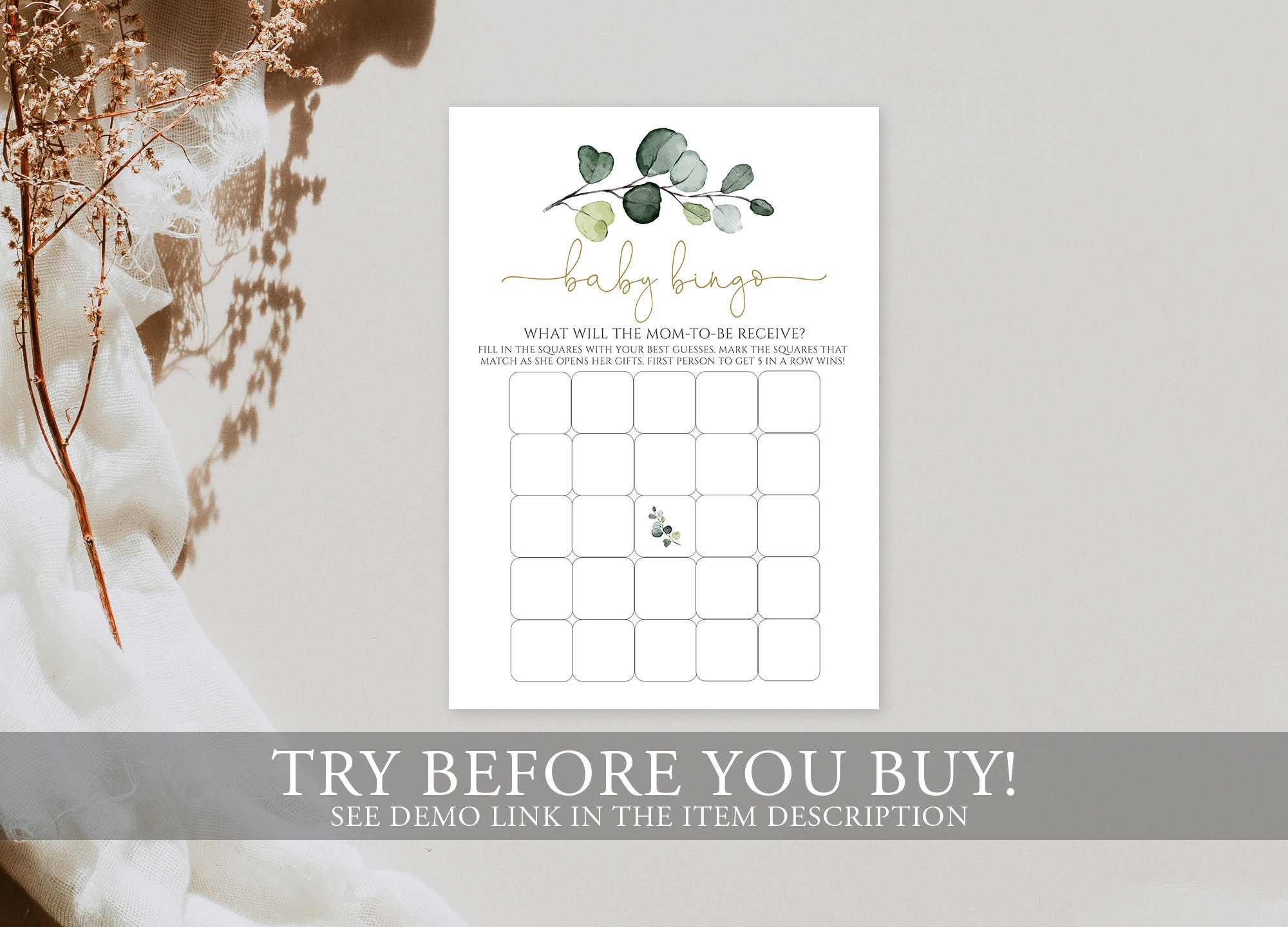 Eucalyptus Baby Bingo Printable Game Card Baby Shower Bingo - Etsy