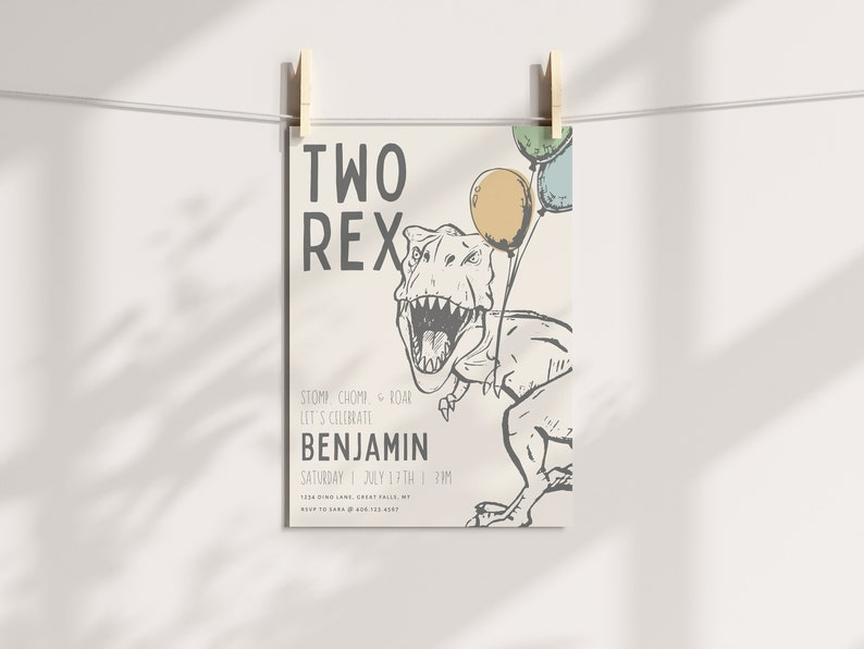 TWO Rex Birthday Invitation Printable Template Tyrannosaurus - Etsy