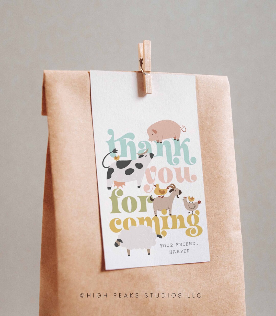 Modern Farm Birthday Favor Tags, Editable Farm Animal Gift Bag Sticker ...
