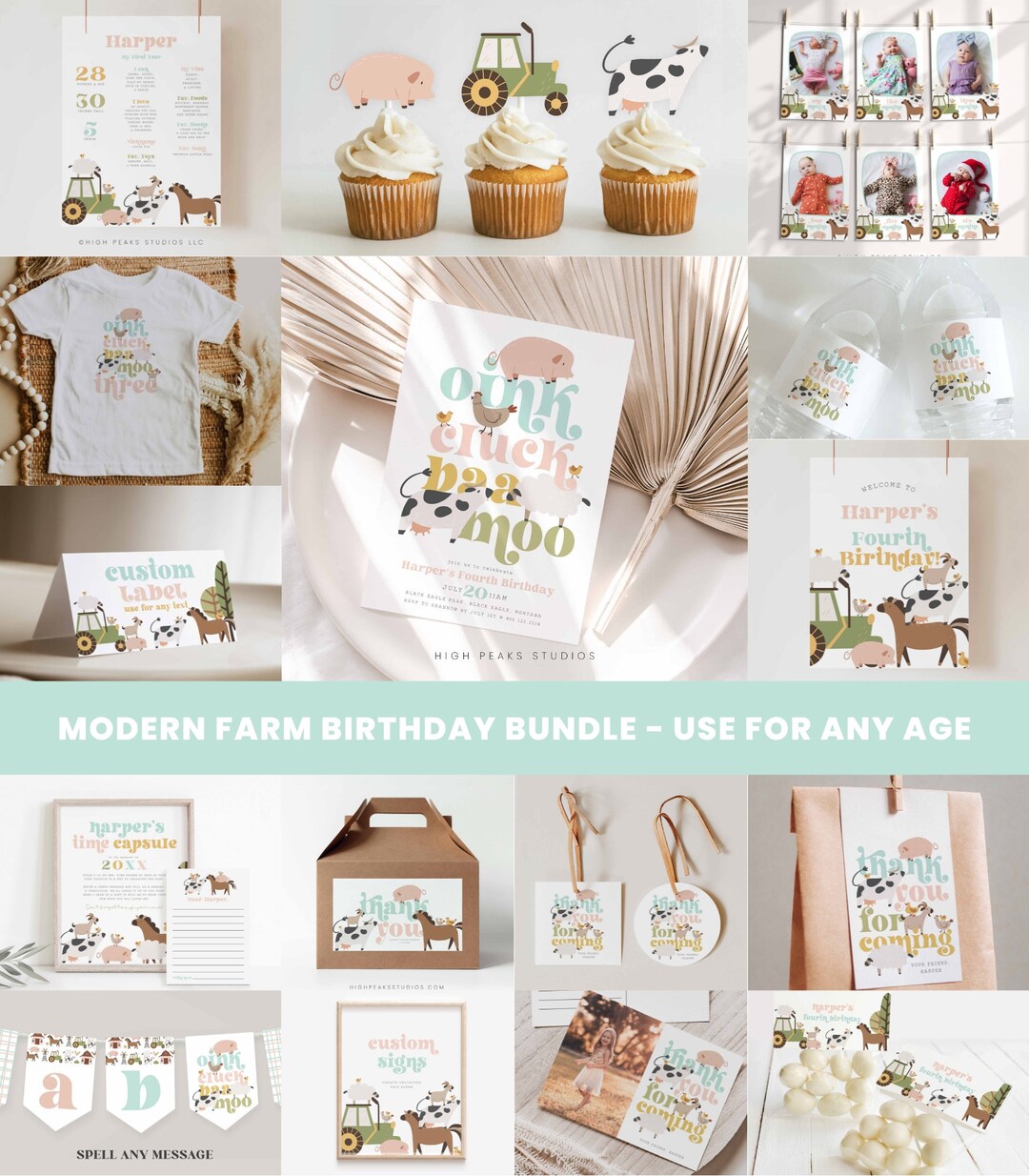 Modern Farm Animal Birthday Bundle Printable Package, Editable Farm ...