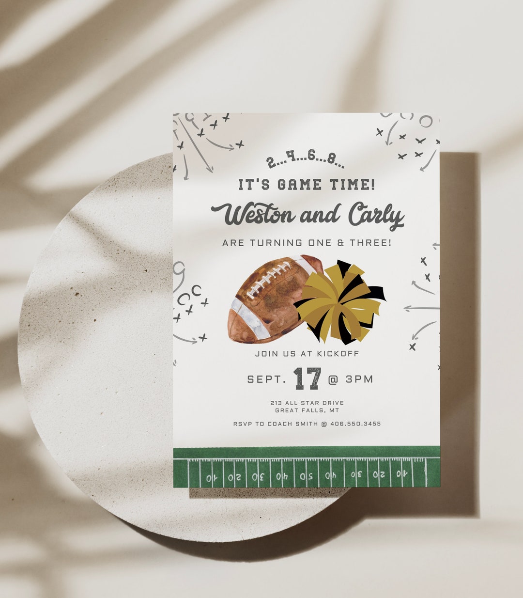 Joint Birthday Invitation Printable, Football Birthday, Cheerleading ...