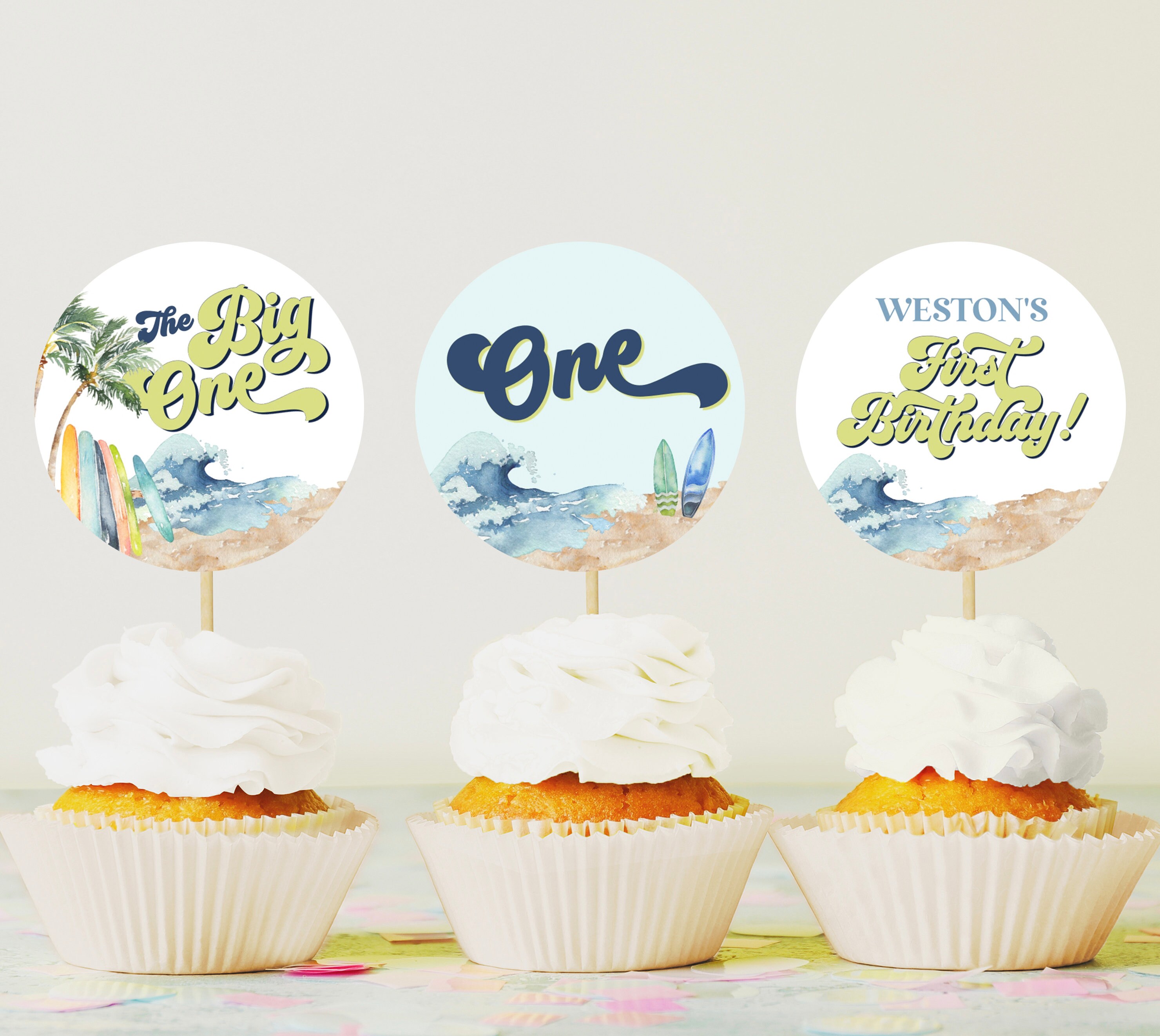 Retro Surf Birthday Cupcake Toppers the Big One Cake Toppers - Etsy