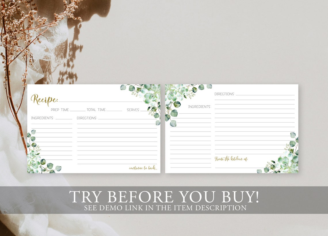 Greenery Recipe Card Template Printable Succulents and - Etsy