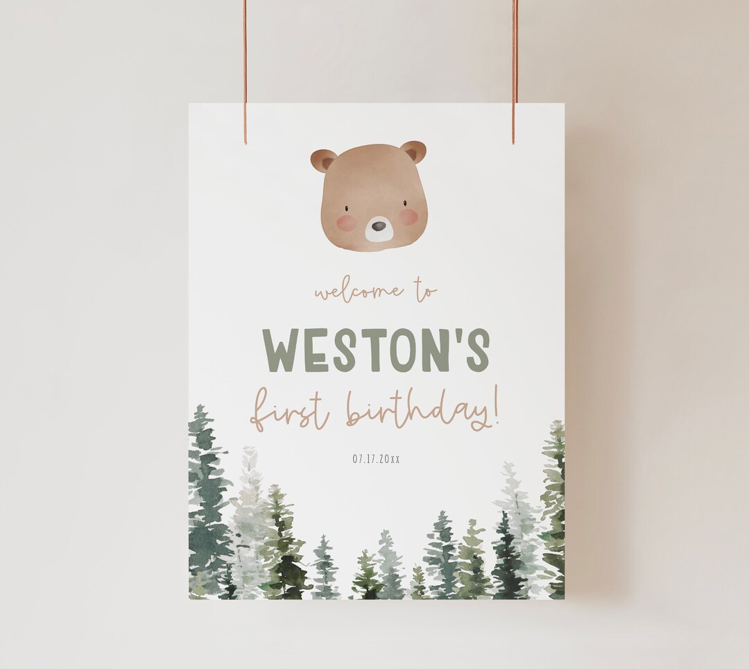 Bear Birthday Welcome Sign, Beary First Birthday Welcome Poster, Large ...