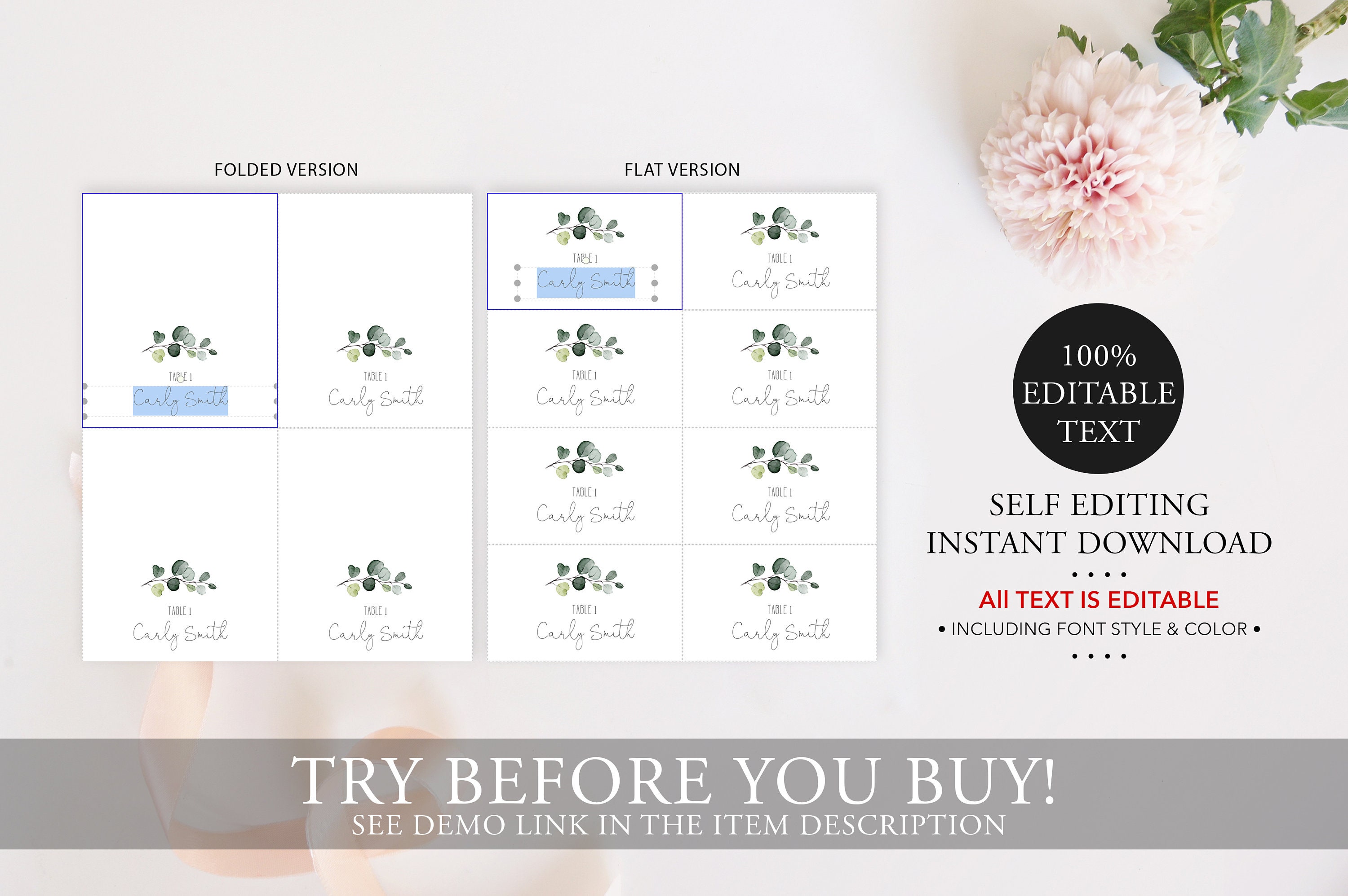 Eucalyptus Name Place Card Template Wedding Name Table - Etsy