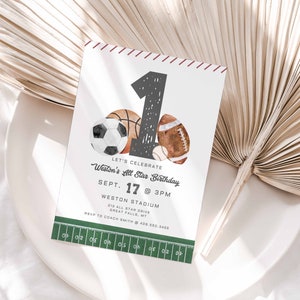 First Birthday Invitation Printable Boy, Multi Sports Birthday, All ...