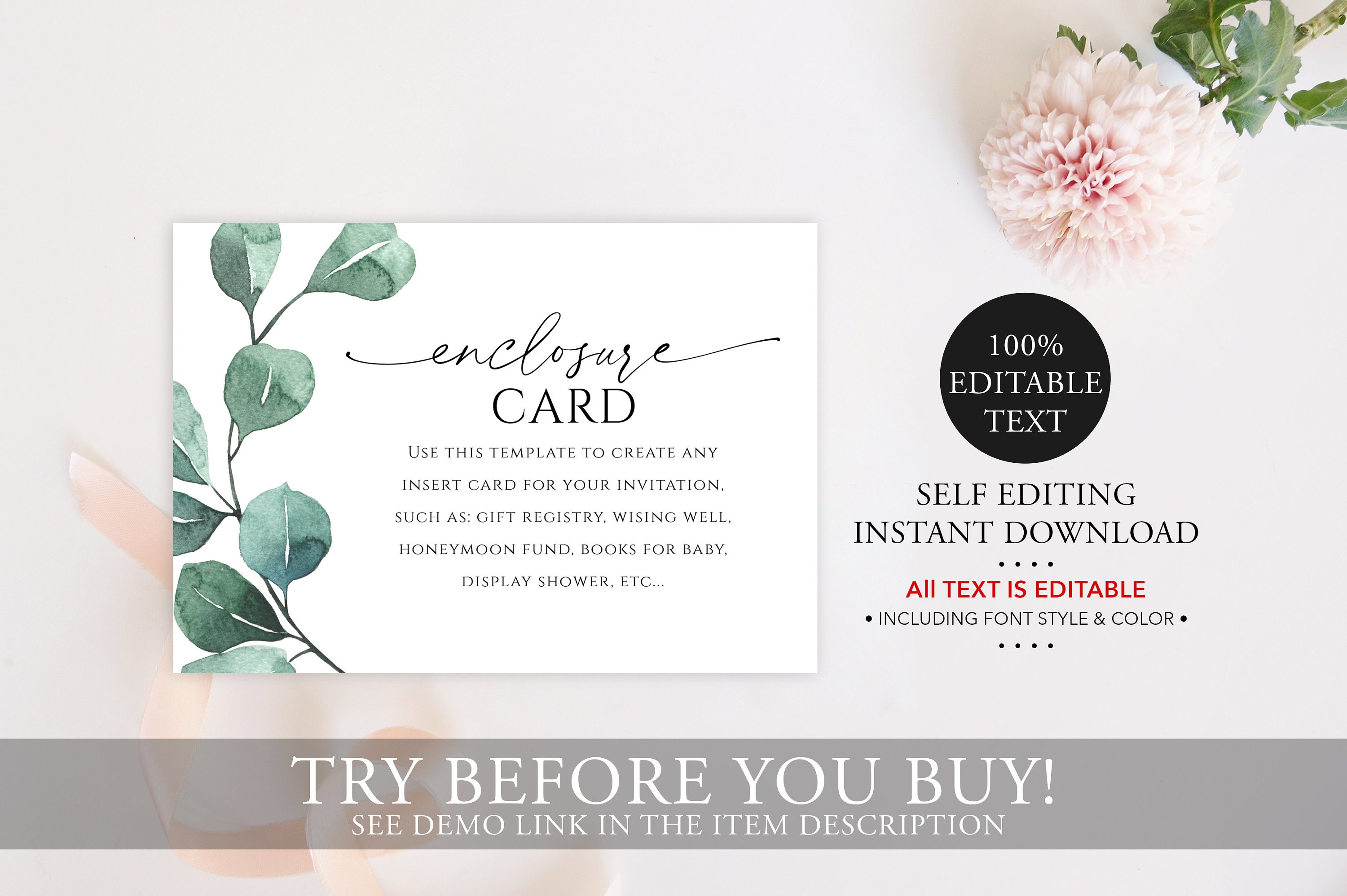 Greenery Enclosure Card Template Eucalyptus Invitation Insert | Etsy